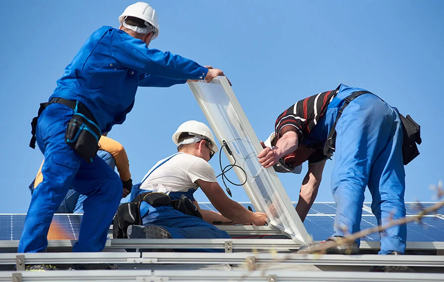 Building worker help each other with at construction site – AQUA LINE